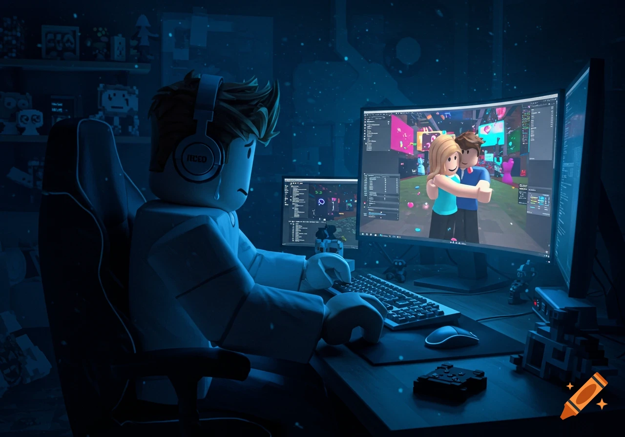 A sad Roblox character with headphones sits at a glowing computer setup ...