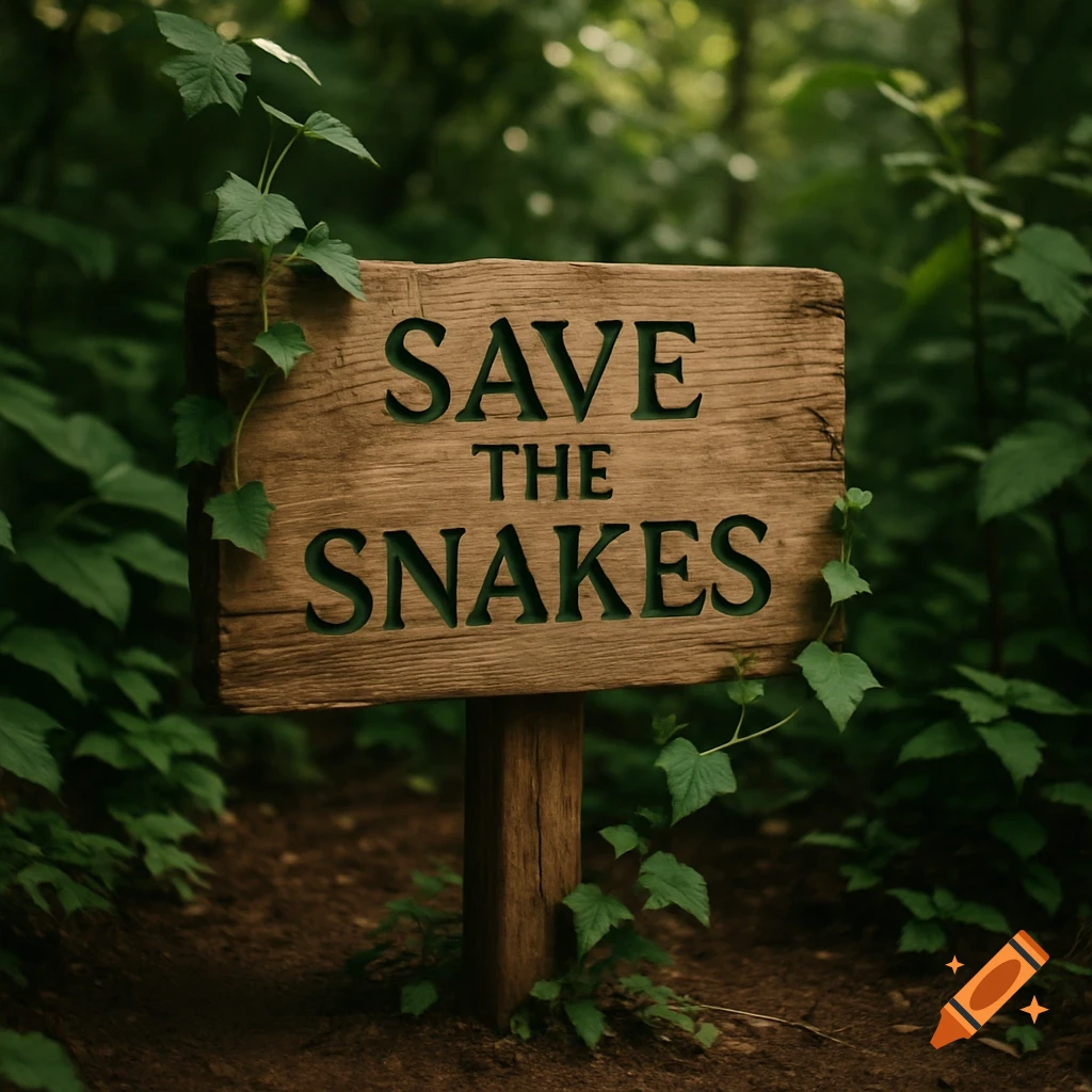 A rustic wooden sign, carved with the words "SAVE THE SNAKES," stands ...