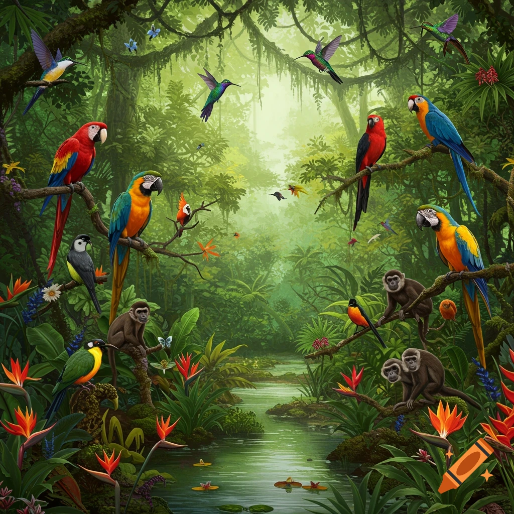 Lush rainforest illustration with three monkeys on a tree, colorful ...