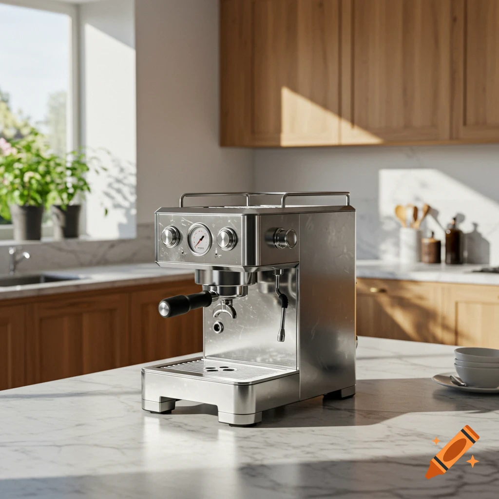 Photorealistic chrome espresso machine on a light marble kitchen ...