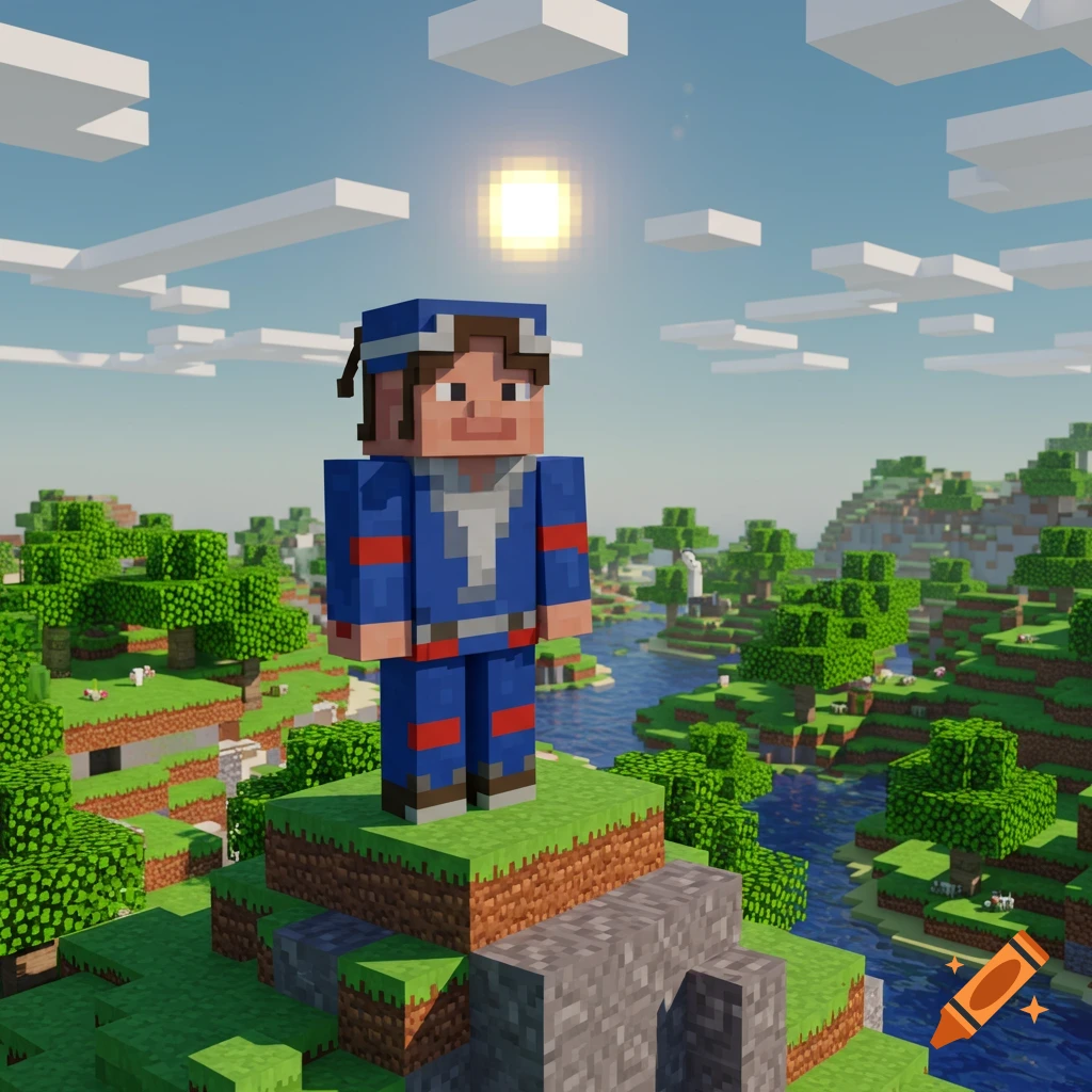 A blocky character in a blue uniform stands on a grassy hill ...