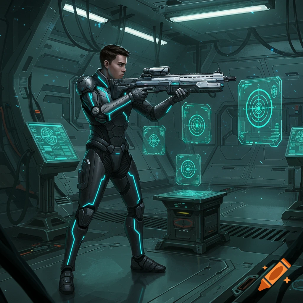 A surprised anime character looks up as a futuristic gun with glowing ...