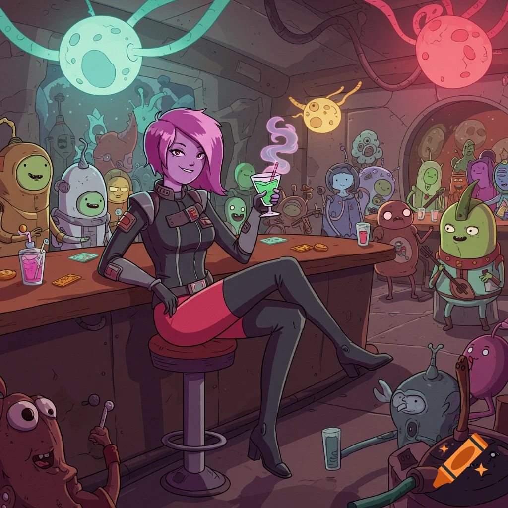 A green-skinned alien woman in a starry jumpsuit and sunglasses sips a ...