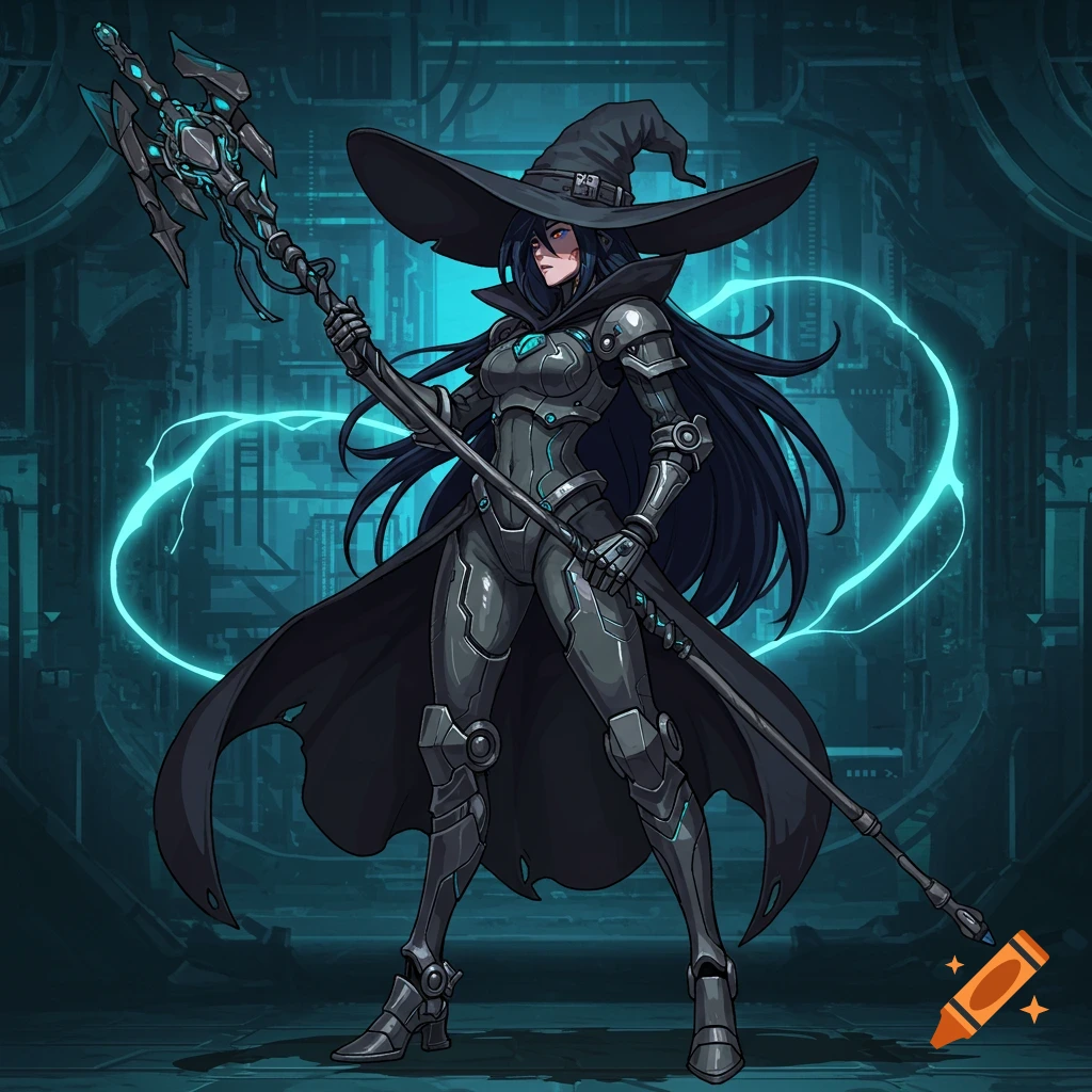 A full-body 2D character sprite of a female cyborg witch in dark gray ...