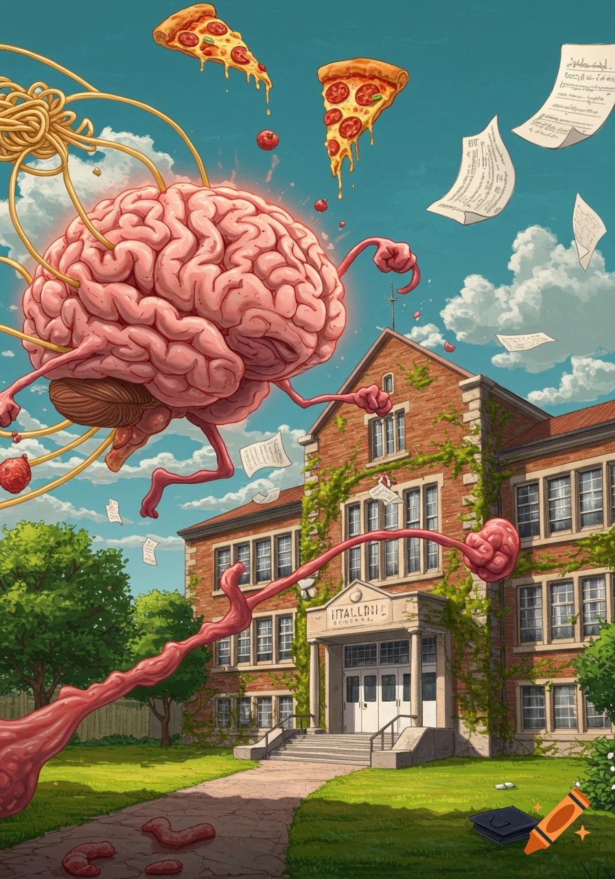 A giant anthropomorphic brain with spaghetti connections and pizza ...