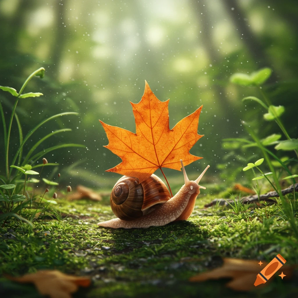 A photorealistic snail slowly moves across a mossy forest floor ...