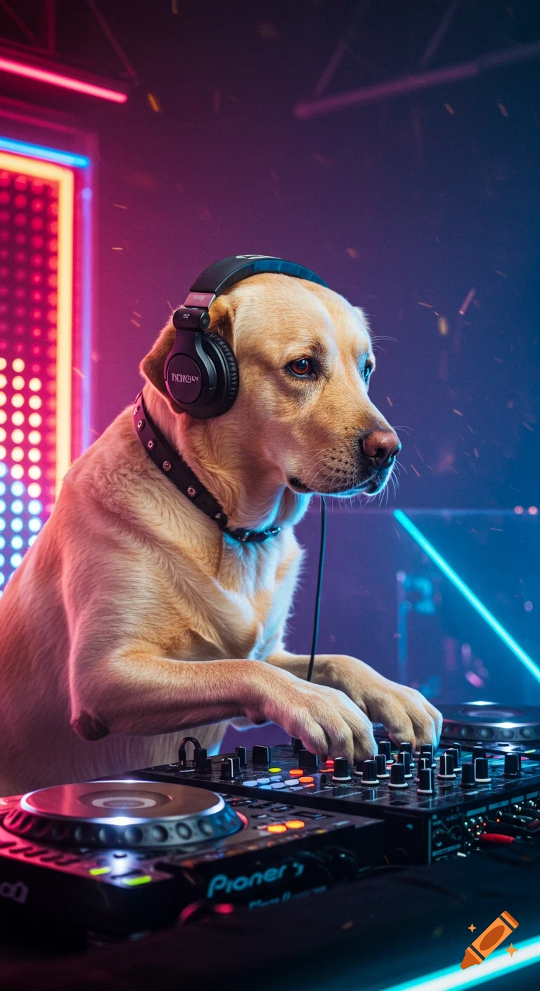A golden labrador dog wearing headphones DJs on turntables in a neon-lit club, photorealistic ...