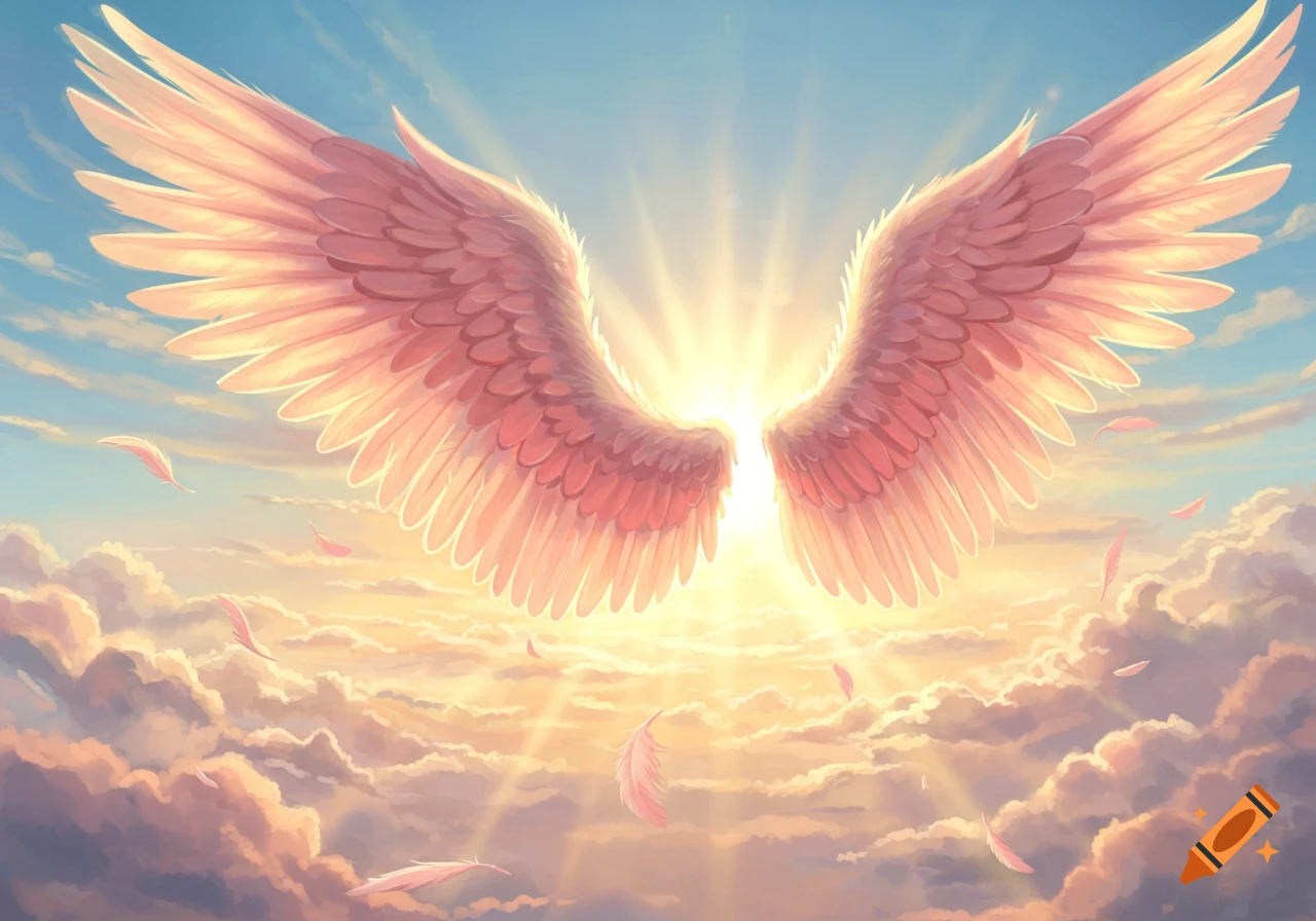 Luminous pink and white angel wings spread against a bright blue and ...