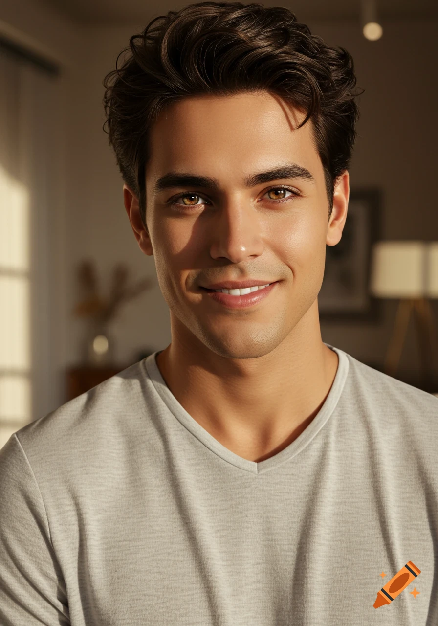 Close-up photorealistic portrait of a young person with short brown ...