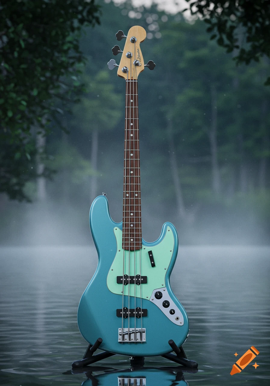 Teal F-Bass VF jazz bass with mint pickguard in a misty lake. on Craiyon