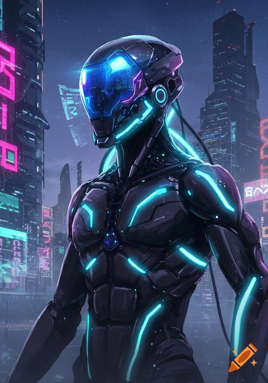 A futuristic armored Protogen with glowing blue lights stands in a neon ...