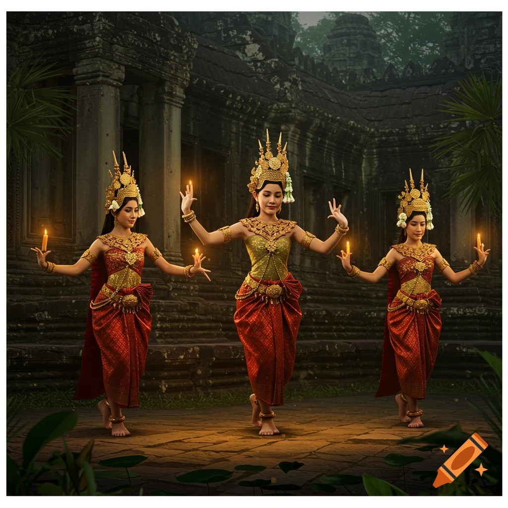 Three Cambodian Apsara dancers in traditional gold and red attire ...