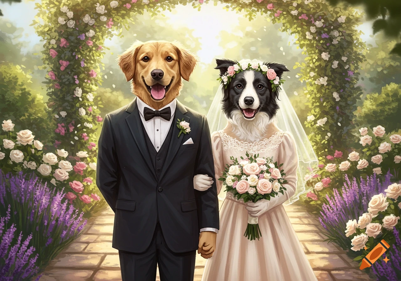 A golden retriever groom and a border collie bride stand arm-in-arm in ...