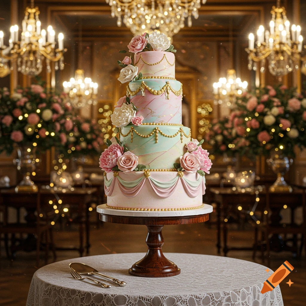 An elaborate multi-tiered wedding cake with pink and green marbled ...