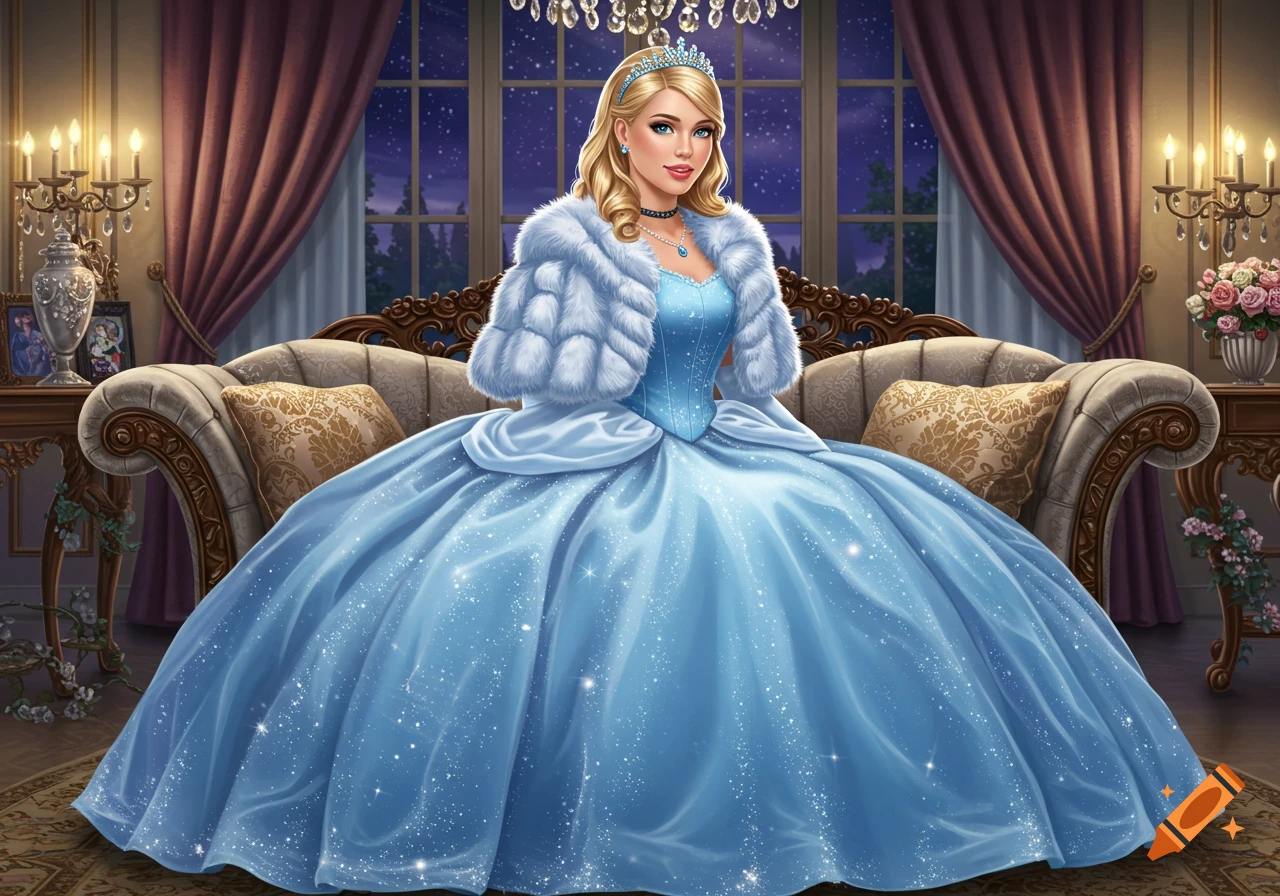 A cartoon princess with long red hair, sparkling eyes, a light blue ...