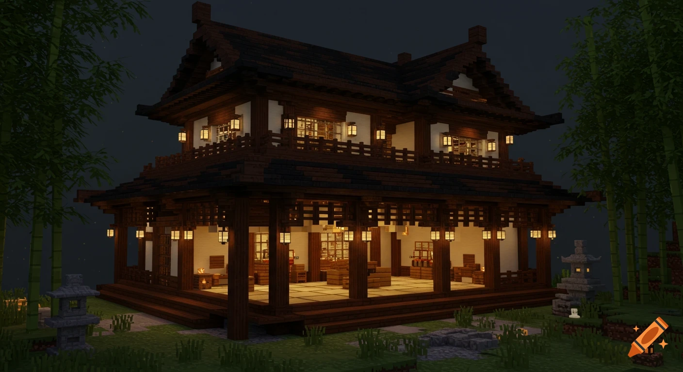 A detailed Japanese-style Minecraft house at night, featuring dark wood ...