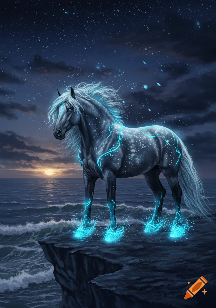 Dark blue mythical horse with glowing blue patterns and white mane/tail ...