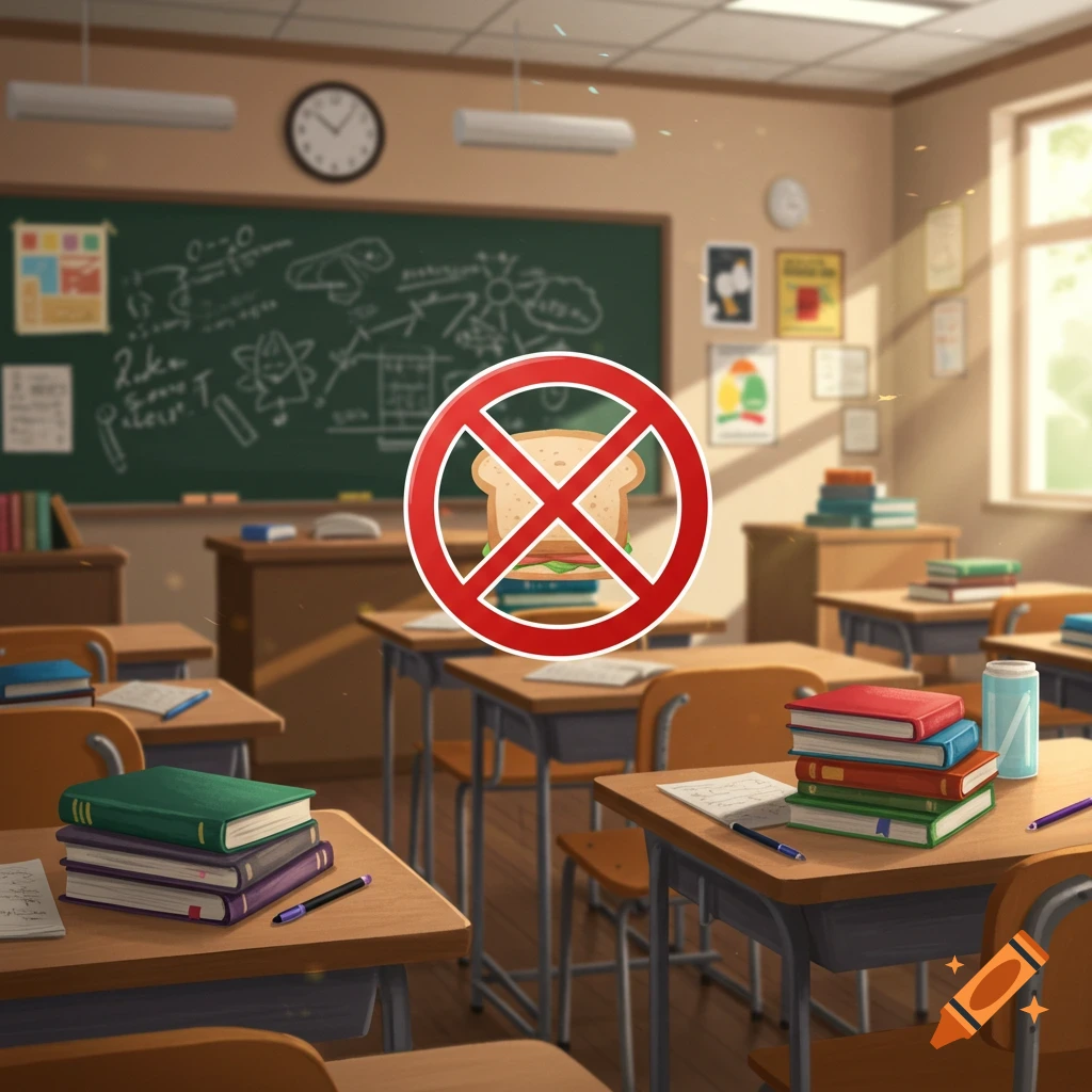 Empty anime-style classroom with desks, chairs, and a blackboard. A red ...