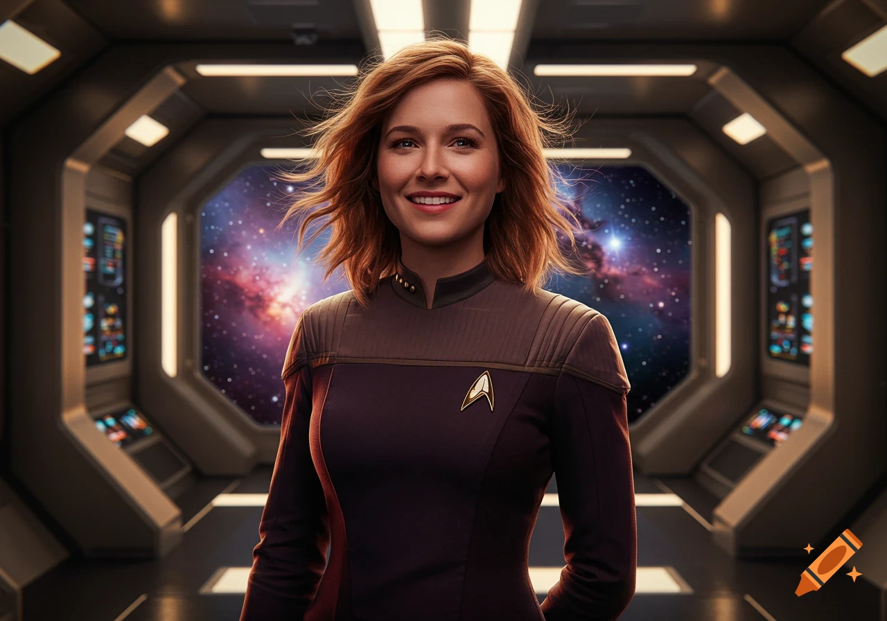 Photorealistic portrait of a smiling woman in a Starfleet uniform on a ...