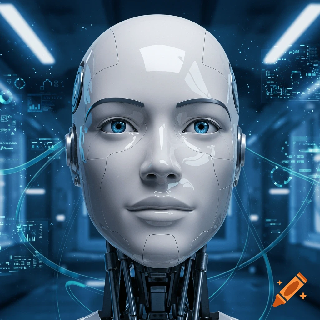 Close-up of a white robot head with a human face and bright blue eyes, set against a futuristic ...