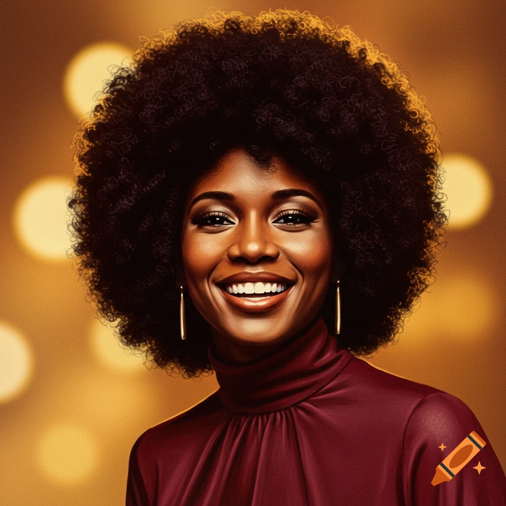 A smiling Black woman with a large afro wears a red turtleneck against ...