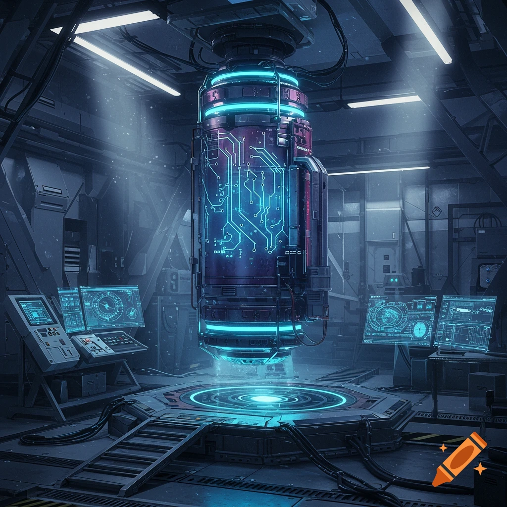 A glowing anatomical figure inside a cryogenic chamber in a futuristic ...
