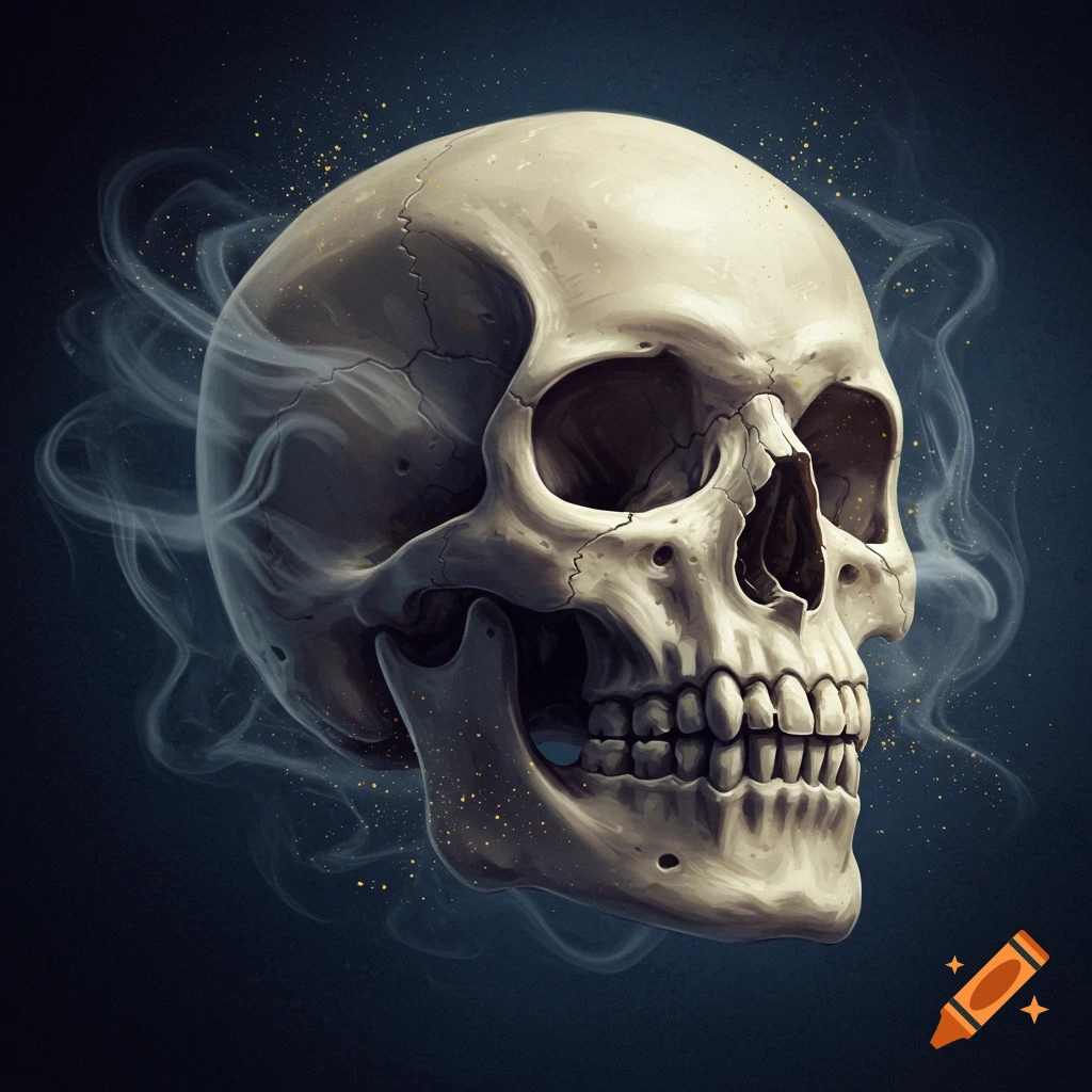 Stylized human skull with wisps of smoke and golden particles on a dark ...