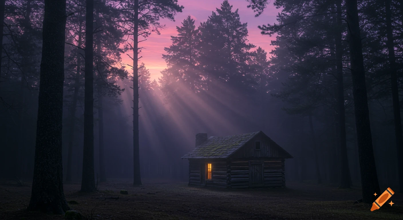 Photorealistic rustic log cabin in a dark, misty forest, lit by a ...