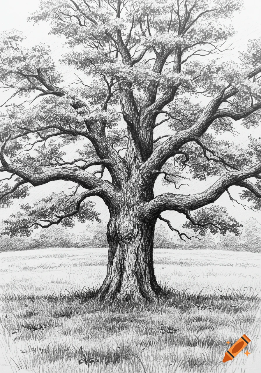 Black and white line drawing of a large tree with full foliage standing ...
