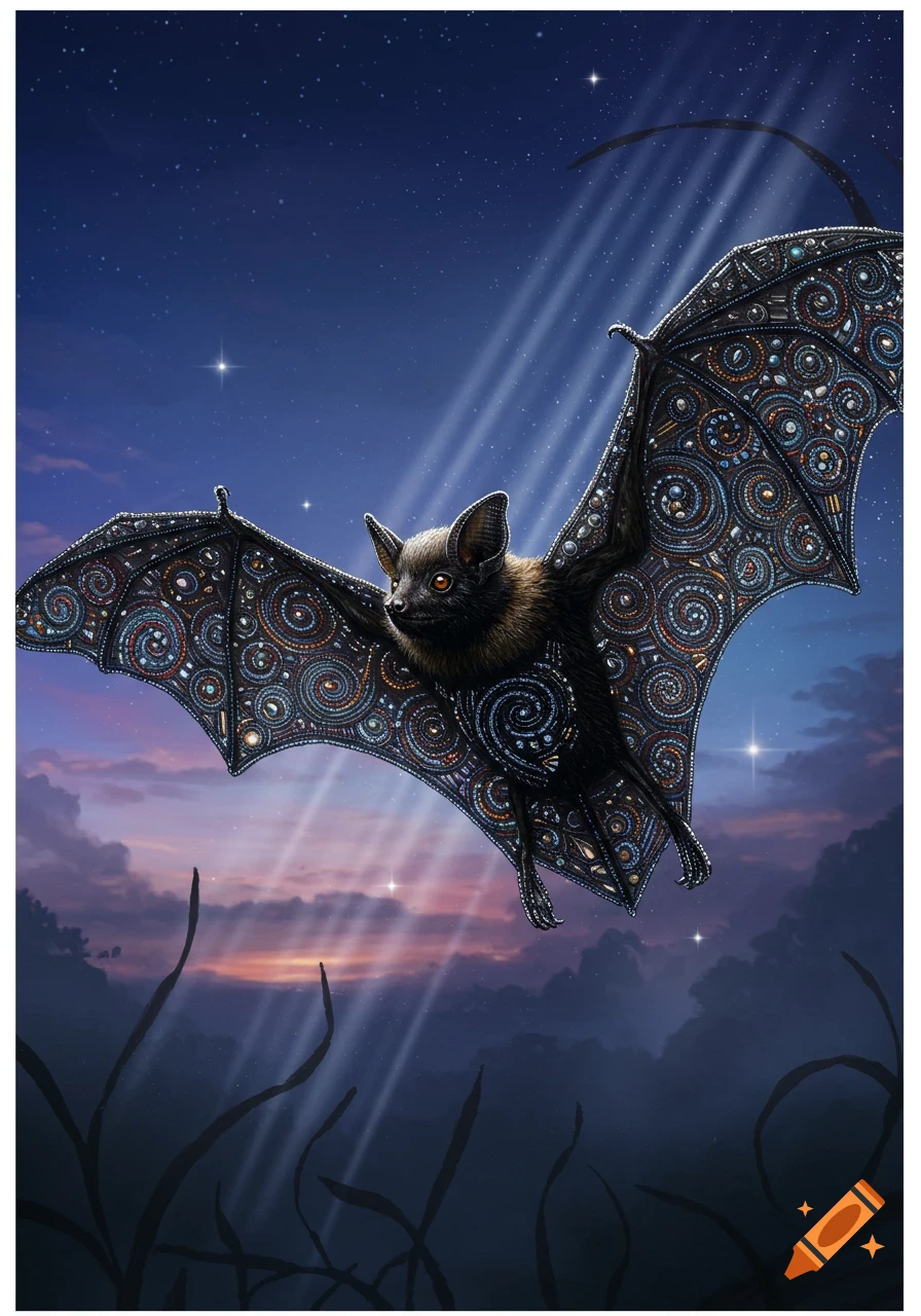 A detailed illustration of a daubenton's bat flying over a moonlit lake ...