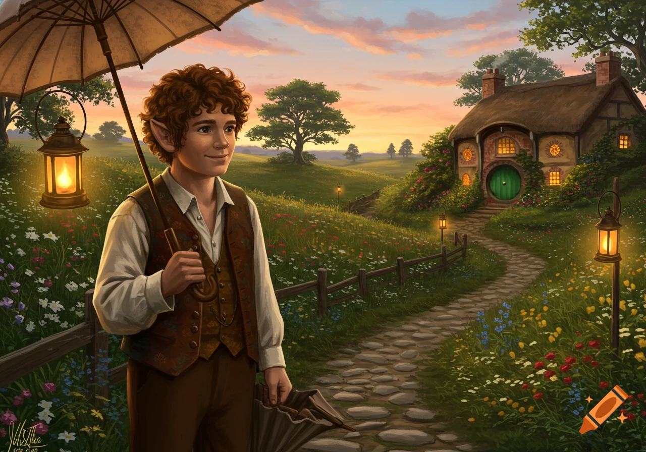 A cheerful, bearded hobbit with pointy ears stands in front of a hobbit ...