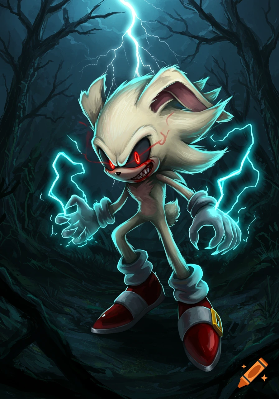 An intense, white, rabbit-like character with glowing red eyes and ...