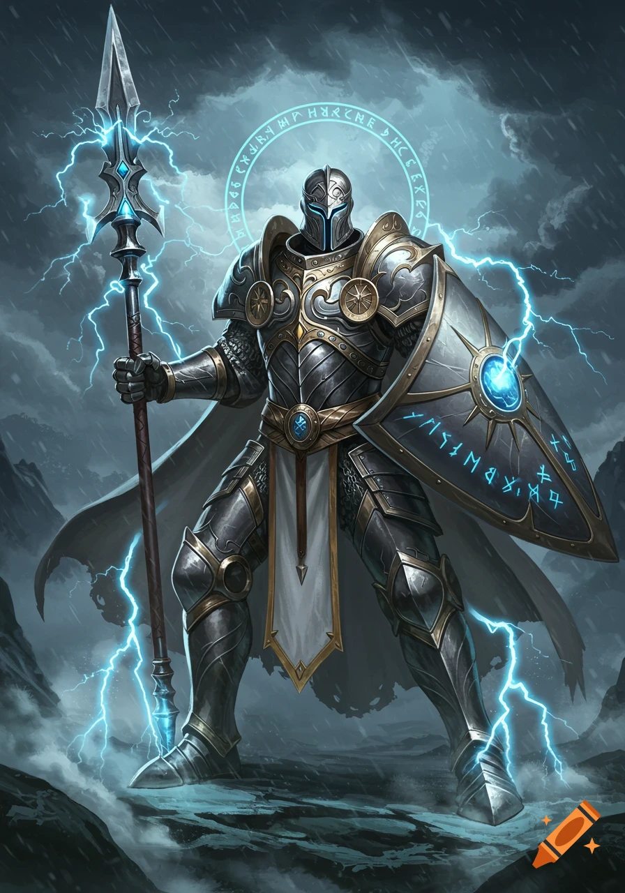An armored paladin with a spear and shield stands amidst blue lightning ...