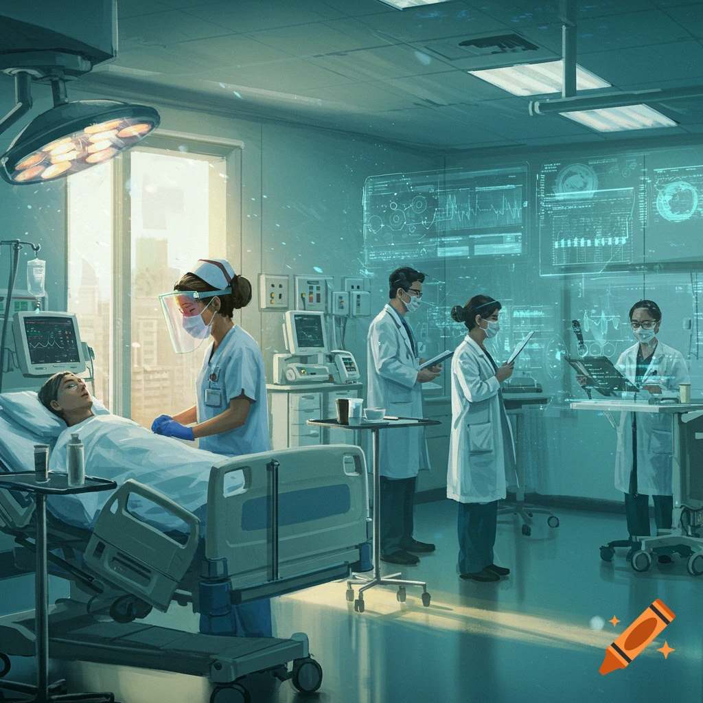 Futuristic medical staff in masks attend to a patient in a high-tech ...