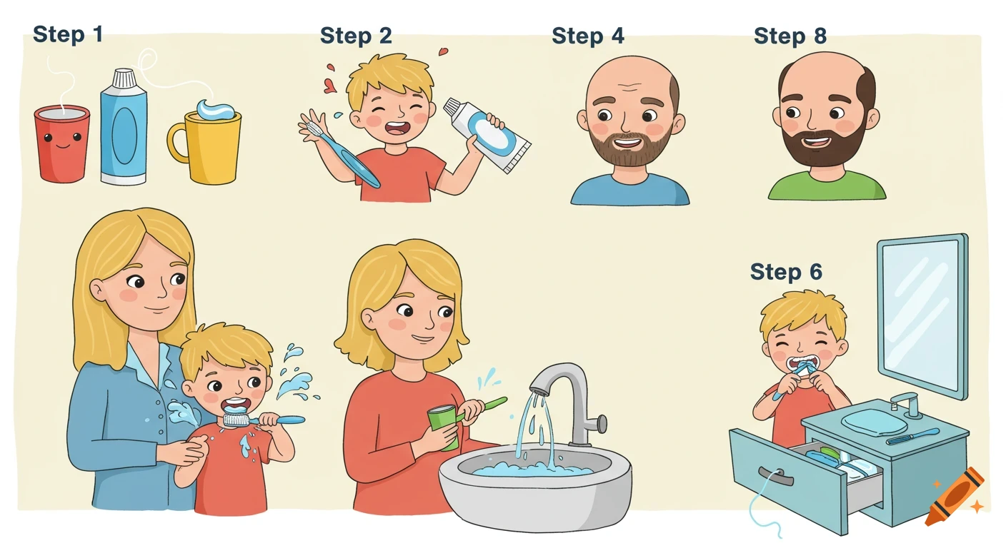 An illustration showing various steps of teeth brushing for a child ...