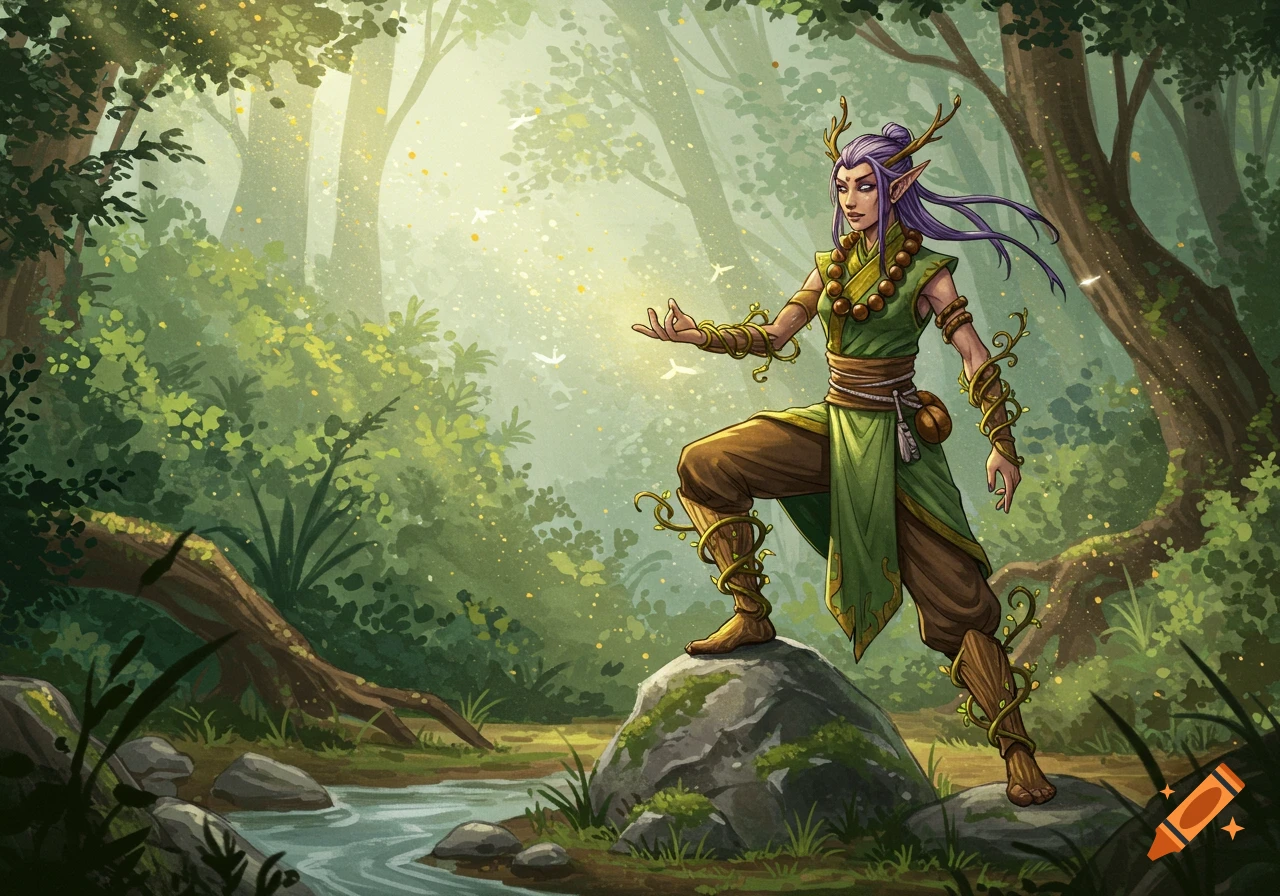 A female wood-elf monk with glowing hands stands on a mossy rock in a ...