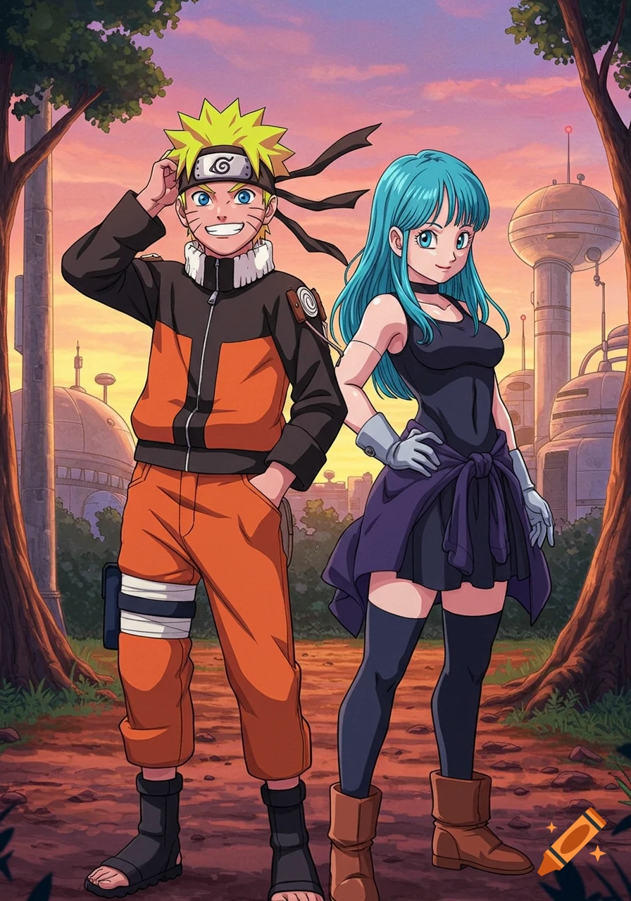 Anime depiction of Naruto and Bulma standing side-by-side in an outdoor ...