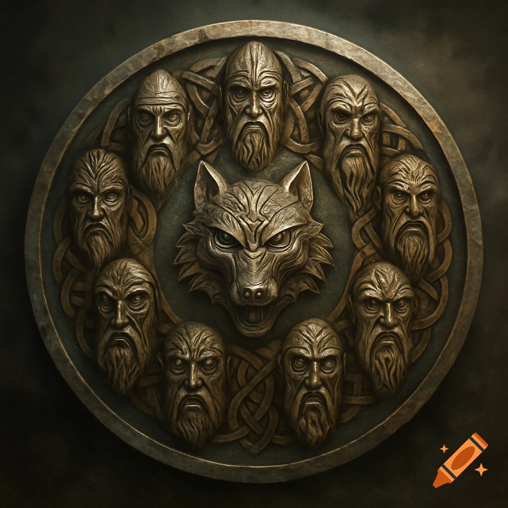 A gold and black stylized viking warrior logo with a horned helmet ...