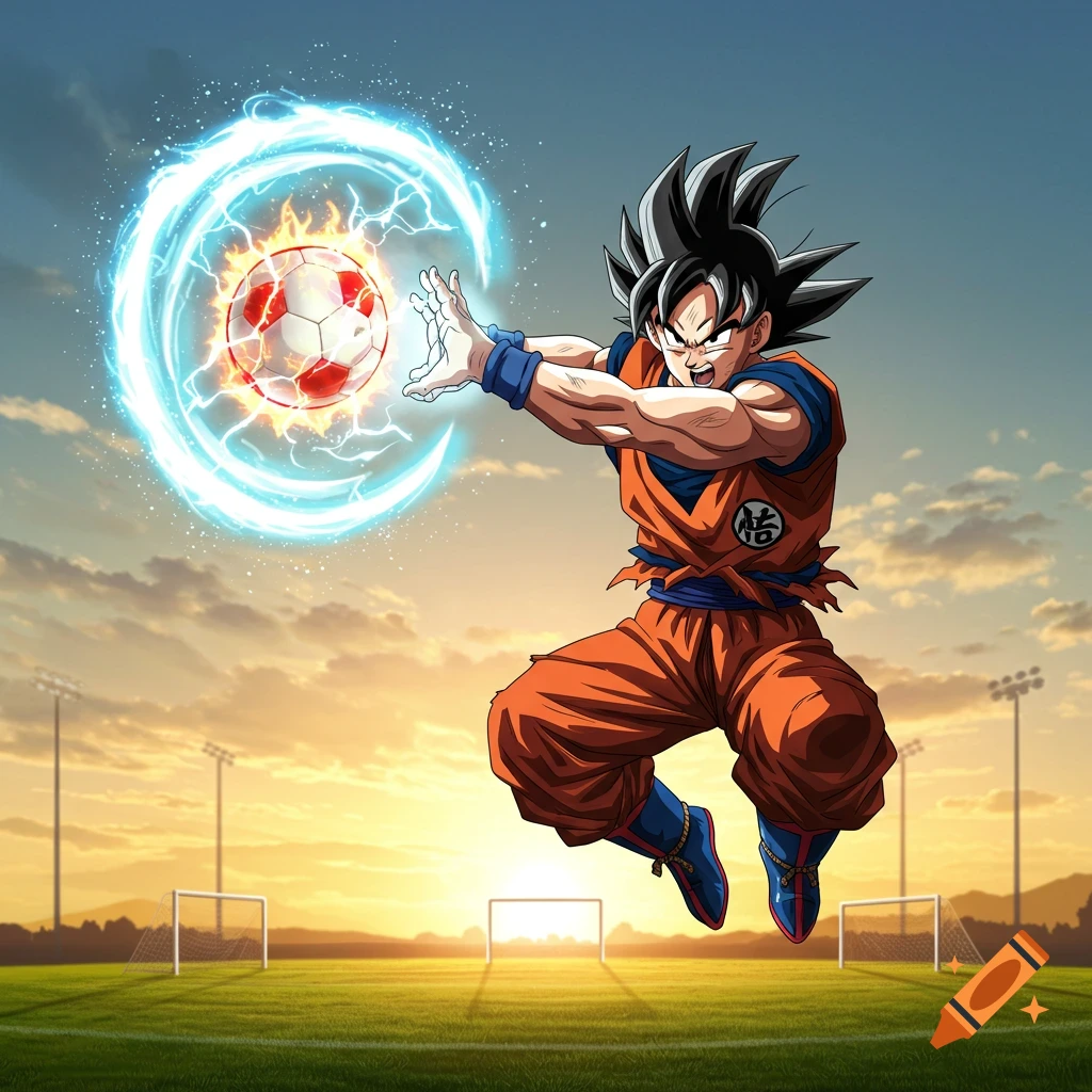 Goku in his orange gi jumps on a soccer field at sunset, holding a ...