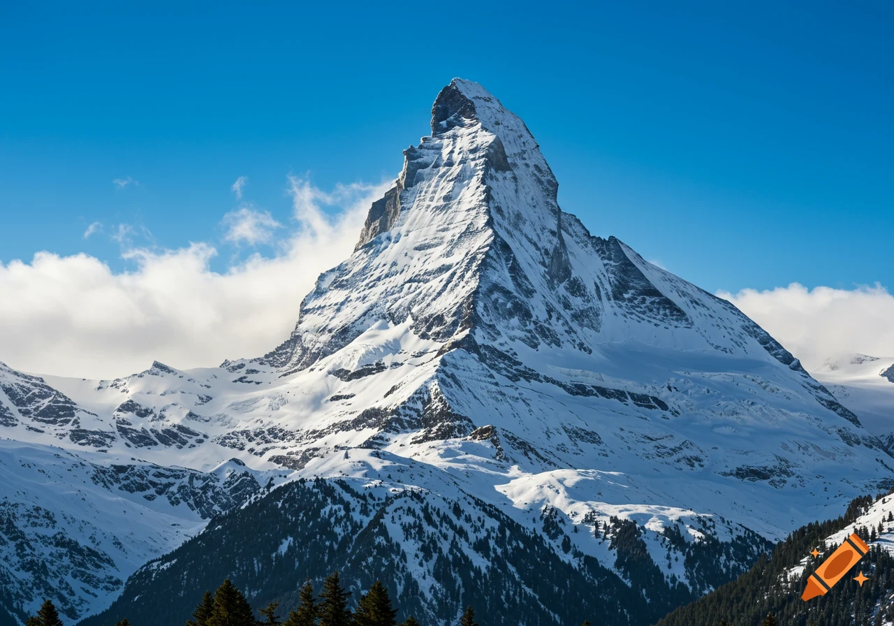 Majestic snow-capped mountain peak under a clear blue sky with sparse clouds, evergreen trees ...