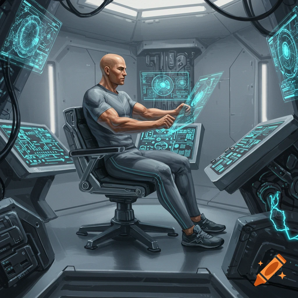 A bald, fit man in a futuristic control room operates holographic ...