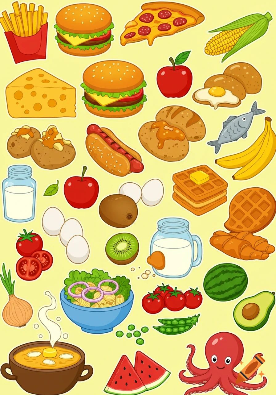 An illustrated food wheel diagram showing various food groups like ...