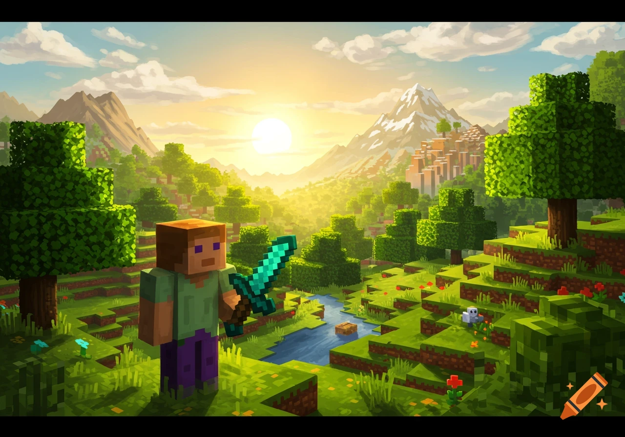 Minecraft Steve with a diamond sword walks through a sunny, blocky ...