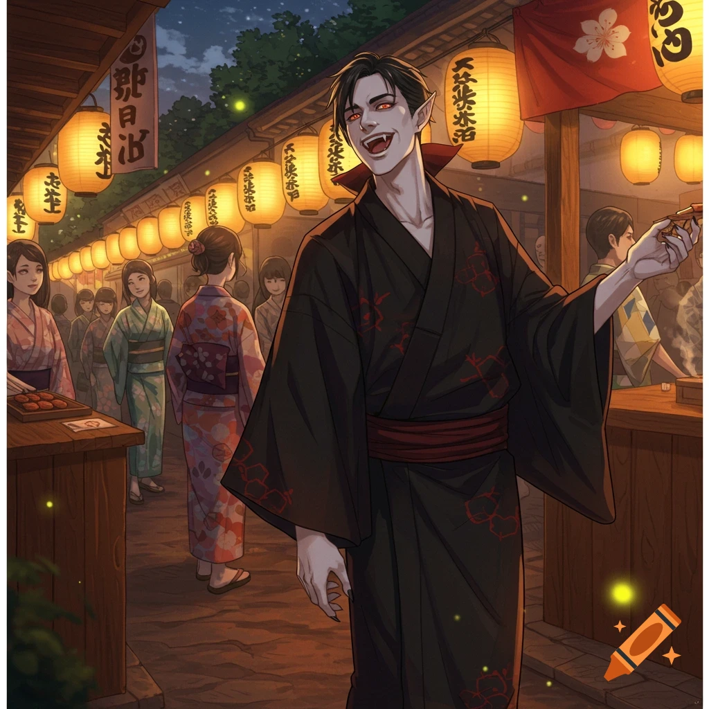 A smiling male vampire with red eyes and fangs, wearing a black kimono ...