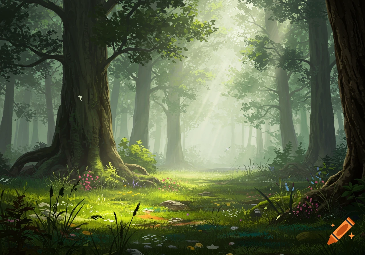 Lush forest with a winding stream, tall trees, wildflowers, and birds ...