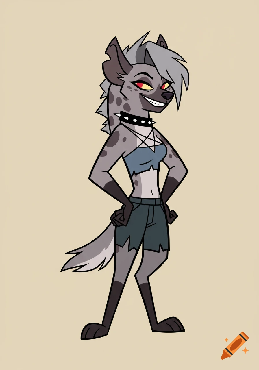Cartoon anthropomorphic spotted hyena character with gray fur and spots ...