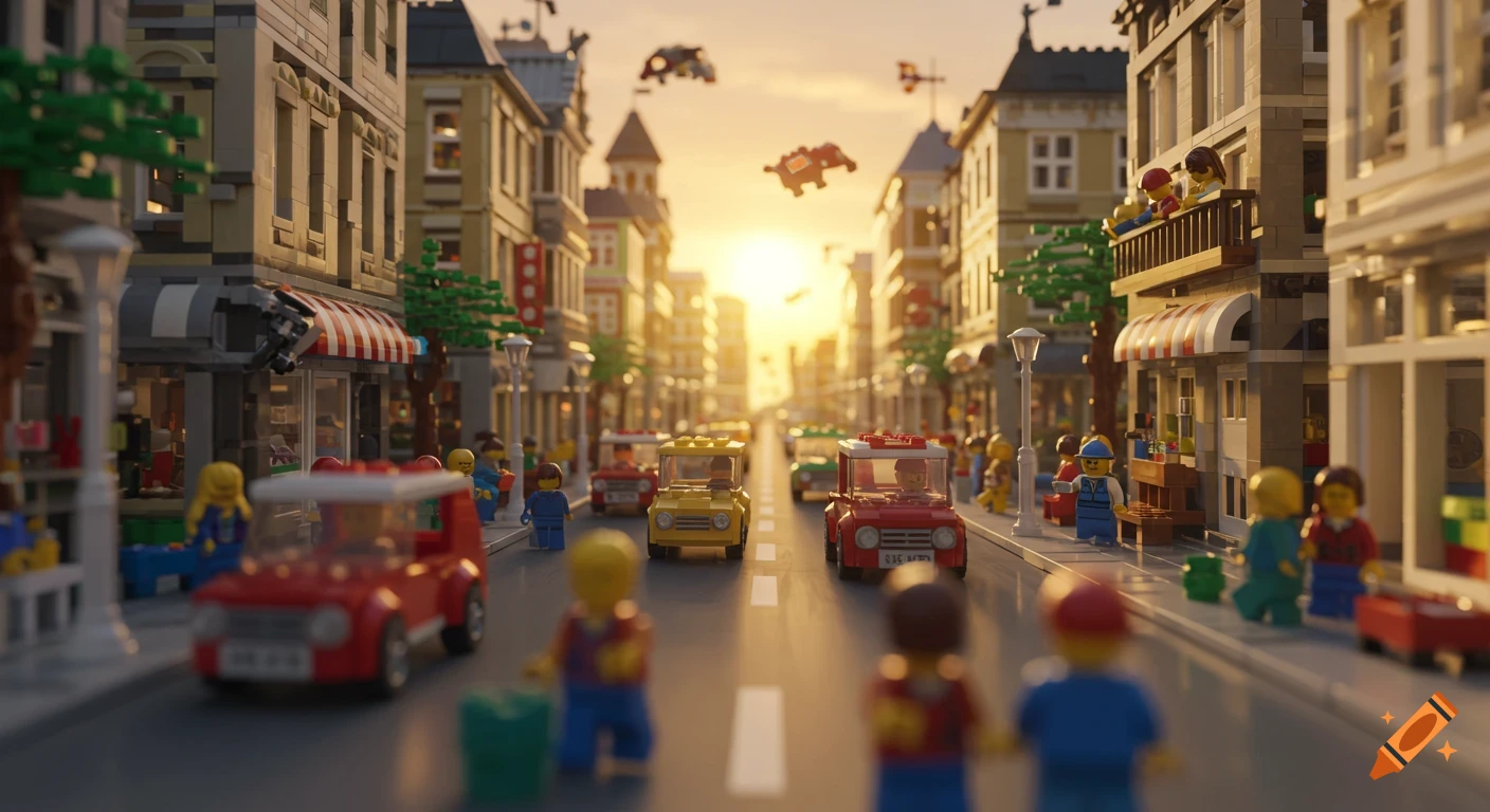 A bustling Lego city street scene at sunset, with numerous minifigures ...