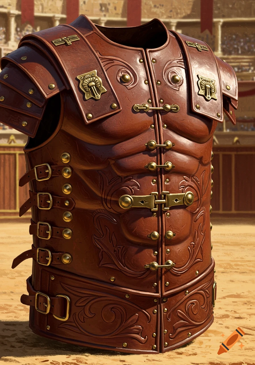 Photorealistic brown leather Roman armor with brass decorations in a ...