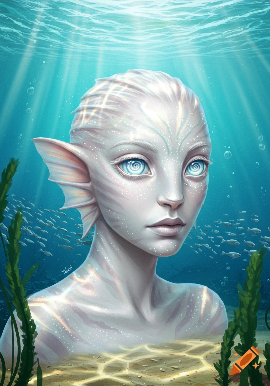 Pale white fish-woman with swirling blue eyes and fin-like ears ...