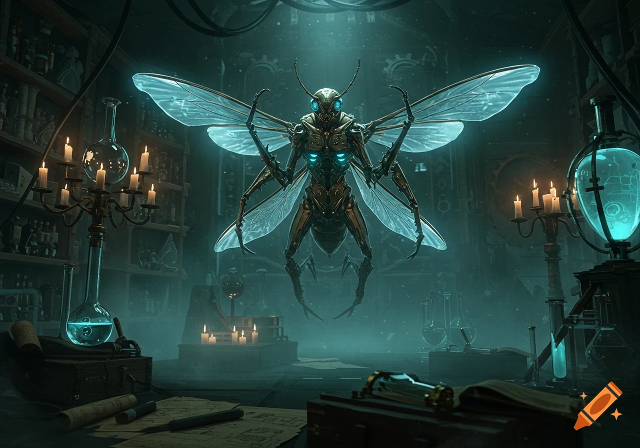 A large, glowing steampunk cyborg insect with translucent wings hovers ...